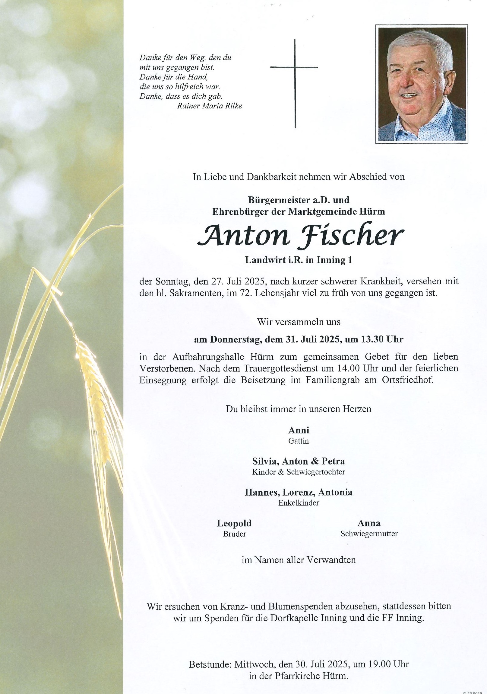 Parte Anton Fischer (27.7.2025) – Bestattung Tamara Gansch