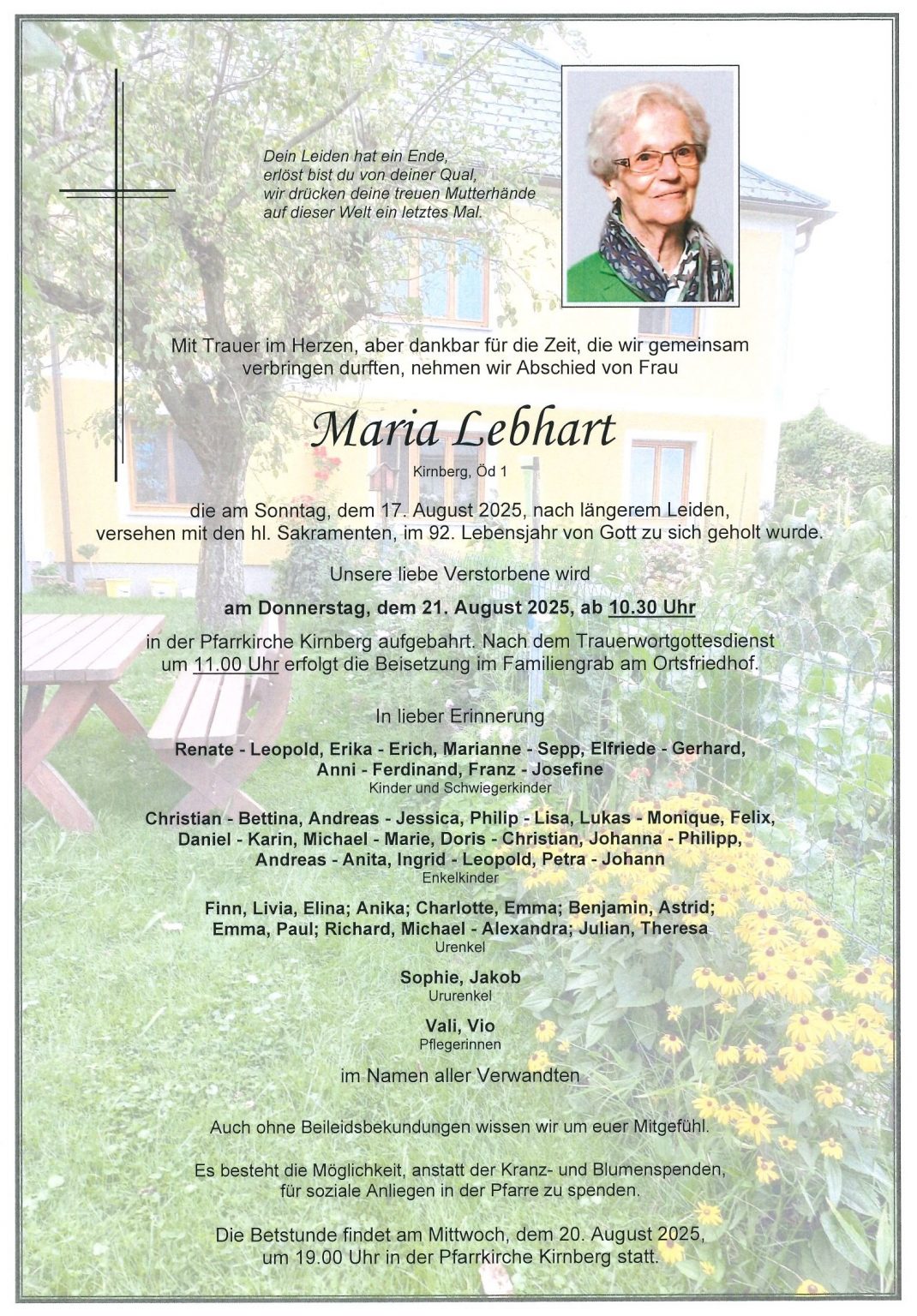 Parte Maria Lebhart (17.8.2025) – Bestattung Tamara Gansch