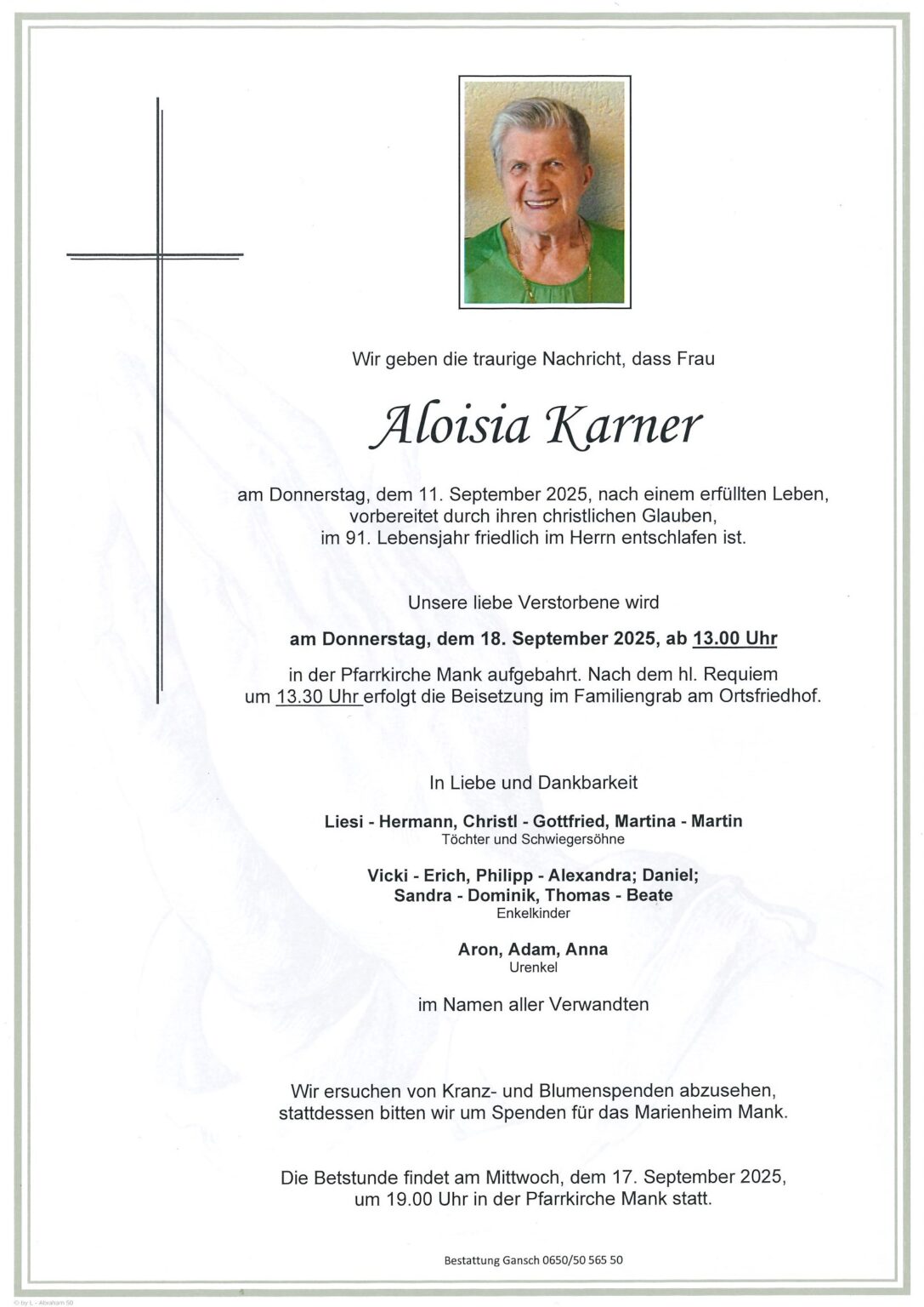 Parte Aloisia Karner (11.9.2025) – Bestattung Tamara Gansch