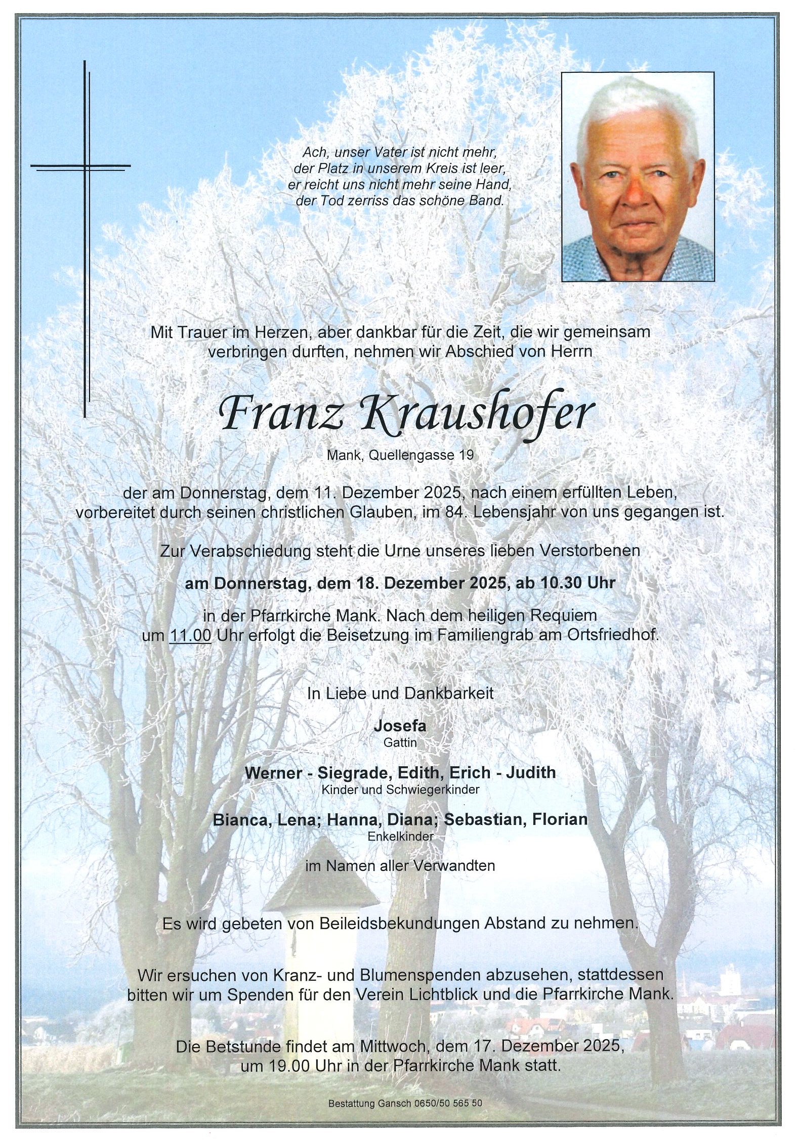 Parte Franz Kraushofer (11.12.2025) – Bestattung Tamara Gansch
