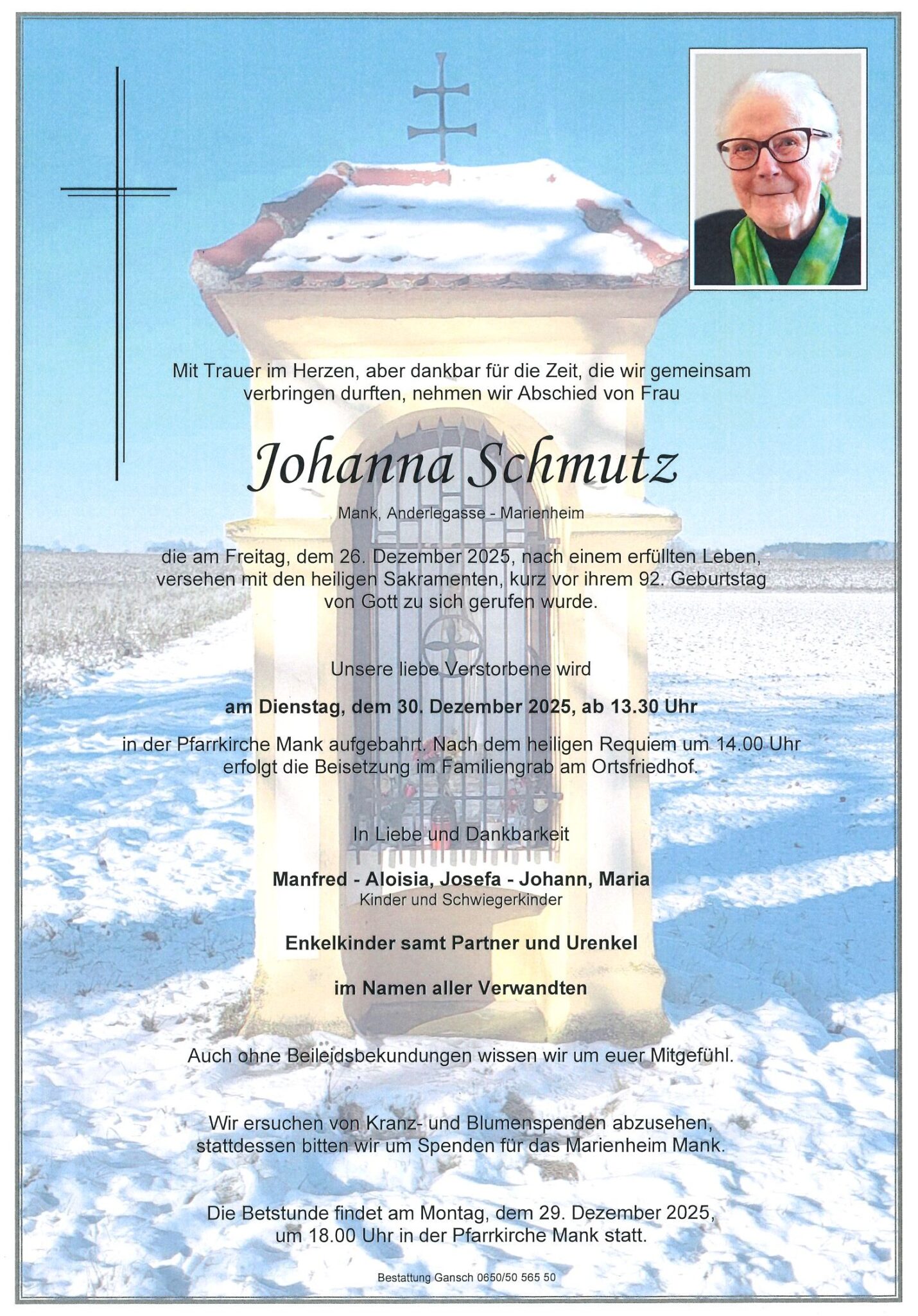 Parte Johanna Schmutz (26.12.2025) – Bestattung Tamara Gansch