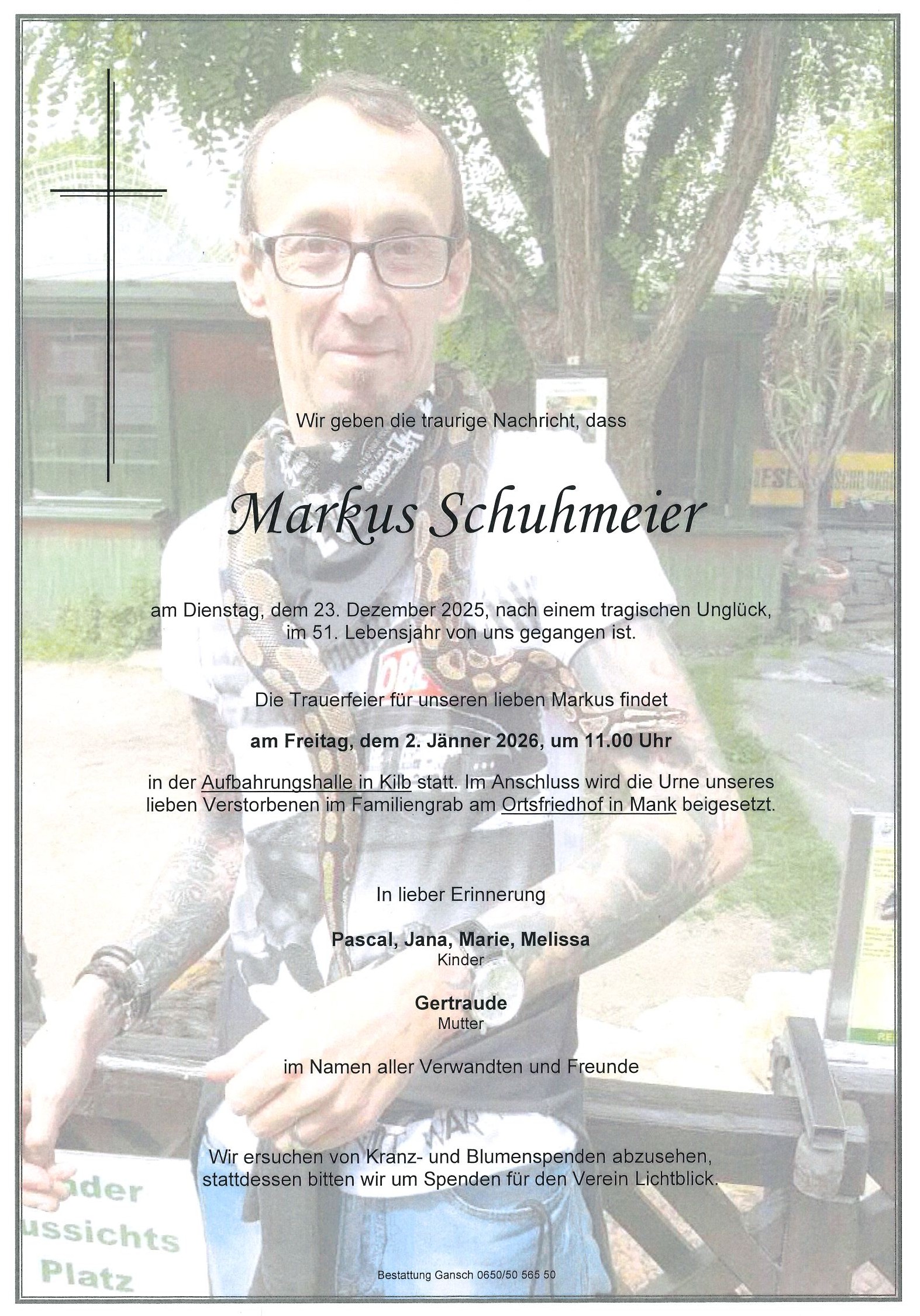 Parte Markus Schuhmeier (23.12.2025) – Bestattung Tamara Gansch